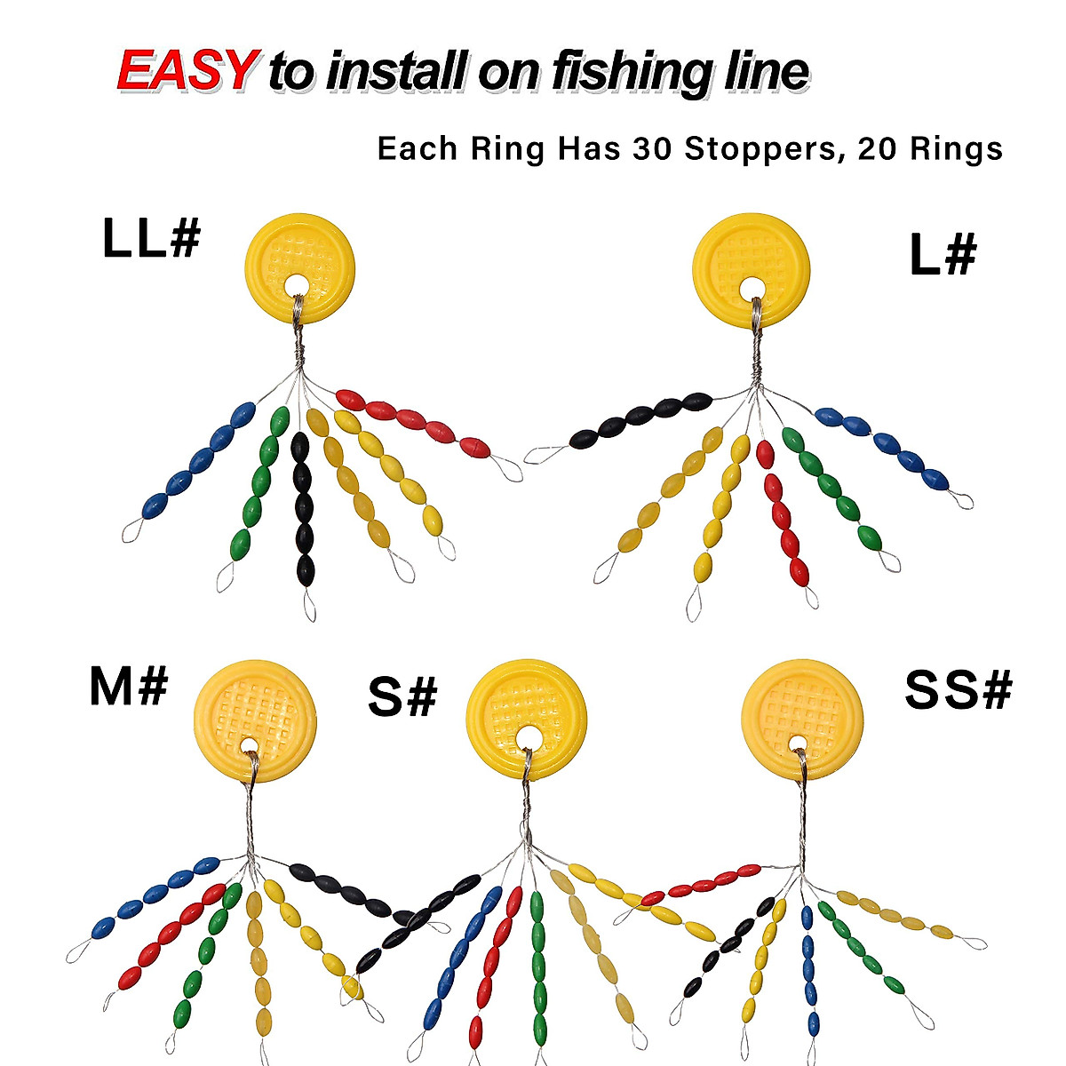 AGOOL 600pcs Rubber Fishing Bobber Stopper 20 Set 30-in-1 Float Stops Colorful Oval Fishing Bobber Space Beans for Rigging Float Positioning, Size SS,S,M,L,LL