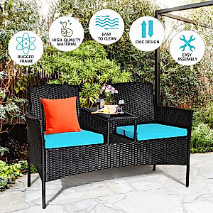 COSTWAY 2-Seat Patio Conversation Sets, Outdoor Patio Loveseat Set with Removable Cushions & Built-in Coffee Table for Backyard, Garden, Lawn, Balcony, Black+Turquoise