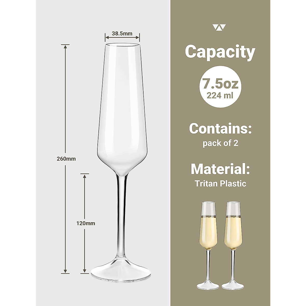 MICHLEY Champagne Flutes Glasses Set of 2, 7.5 oz Unbreakable Tritan Plastic Sparkling Wine Glass, Anniversary, Wedding Gifts