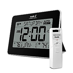 HODIK Atomic Clock with Indoor Outdoor Temperature Wireless, Large 11.4 Inch LCD Display for Easy Reading, Self-Setting Battery Powered Table Clock or Wall Clock with High Precision Sensor