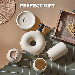 Terramoza Ceramic Bathroom Accessory Set, 5 Pcs - Includes Soap Dispenser, Toothbrush Cup, Toothbrush Holder, Soap Dish & Candle Holder - Beige, Matte Glaze - Aesthetic Bathroom Decor