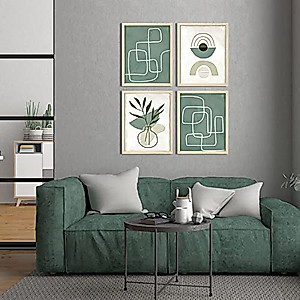 ArtbyHannah 11x14 Boho Framed Wall Art Set of 4, with Sage Green Geometric Line and Bohemia Art Prints for Home Decoration