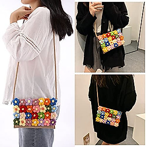 Ayliss Women's Handwoven Crossbody Handbag Small Summer Beach Shoulder Handbag Woven Cotton Crochet Cute Flower Purse Bag (Rectangle Khaki)