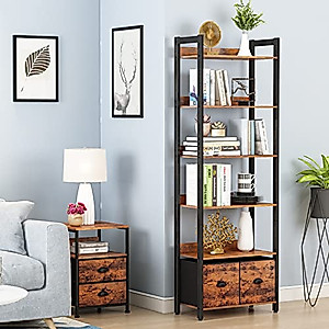 Furologee Nightstand Set of 2 with Charging Station, End Table with USB Ports&Power Outlets, 6-Tier Bookshelf, Tall Rustic Bookcase with 2 Drawers Storage Organizer