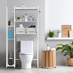 LWADALN Over The Toilet Storage Shelf, 7-Tier Bathroom Organizer Shelf, Freestanding Space Saver Storage Shelf with Two Fabric Drawers & Adjustable Feet, Toilet Rack for Bathroom, Restroom, Laundry
