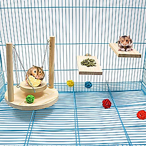 3 Pcs Hamster Enrichment Toy, Natural Wooden Hamster Swing with Base Durable Chinchilla Ledge Increase Activity Rodent Playground for Dwarf Hamster Gerbil Budgie Finch