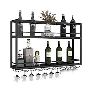 Industrial Wall Mounted Wine Rack, 2-Tier Wood Wine Bottle Shelf with Stemware Rack, Black Wine Glass Rack Multi Functional Wine Storage Display Rack for Home Bar Dining Room Kitchen (39.3×7.8×26in)