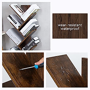 LAZYLAND Brown Bookshelf with Drawer, 6-Tier Floor Standing Tree Bookshelf, for CDs/Movies/Books, Utility Organizer Shelves for Home Office, Bedroom, Living Room