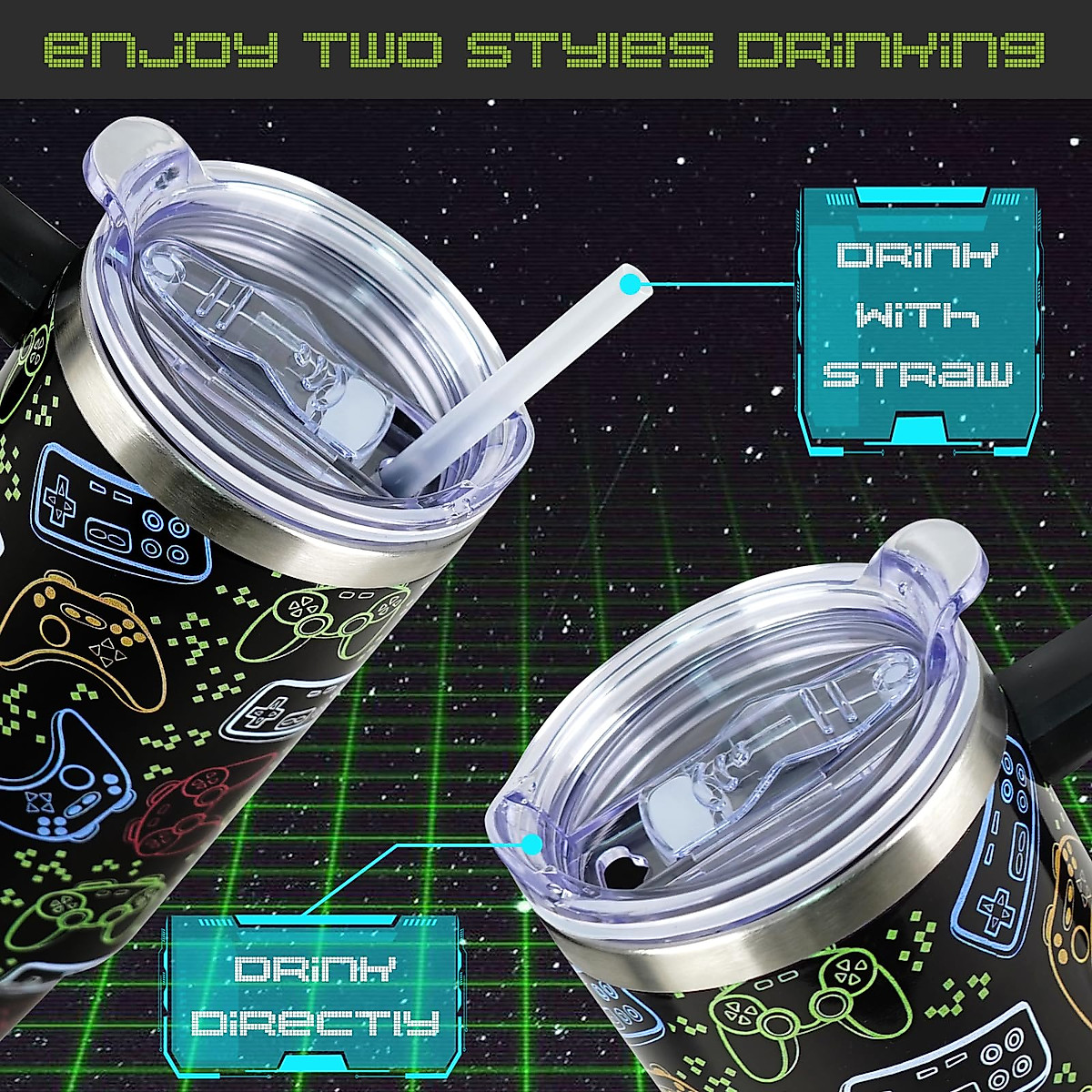 puhnhsv 40 oz Gaming Tumbler With Handle and Straw, 30oz Insulated Stainless Gaming Tumbler Coffee Travel Mugs Cup Water Bottle Game Lovers Gifts for Men Boys