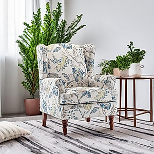 MELLCOM Floral Accent Chair, High Back Upholstered Armchair with Solid Legs, Leisure Single Sofa Chair for Living Room, Bedroom, Home Office, Blue Floral