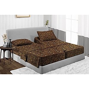 Split King Sheets Sets for Adjustable Bed, Soft Sateen Weave, 400-Thread-Count 100% Egyptian Cotton 5PC Set with 2 Fitted Sheets, Split-King Sheet Set 28-Inch Deep Pockets, 400-TC - |Leopard Print|