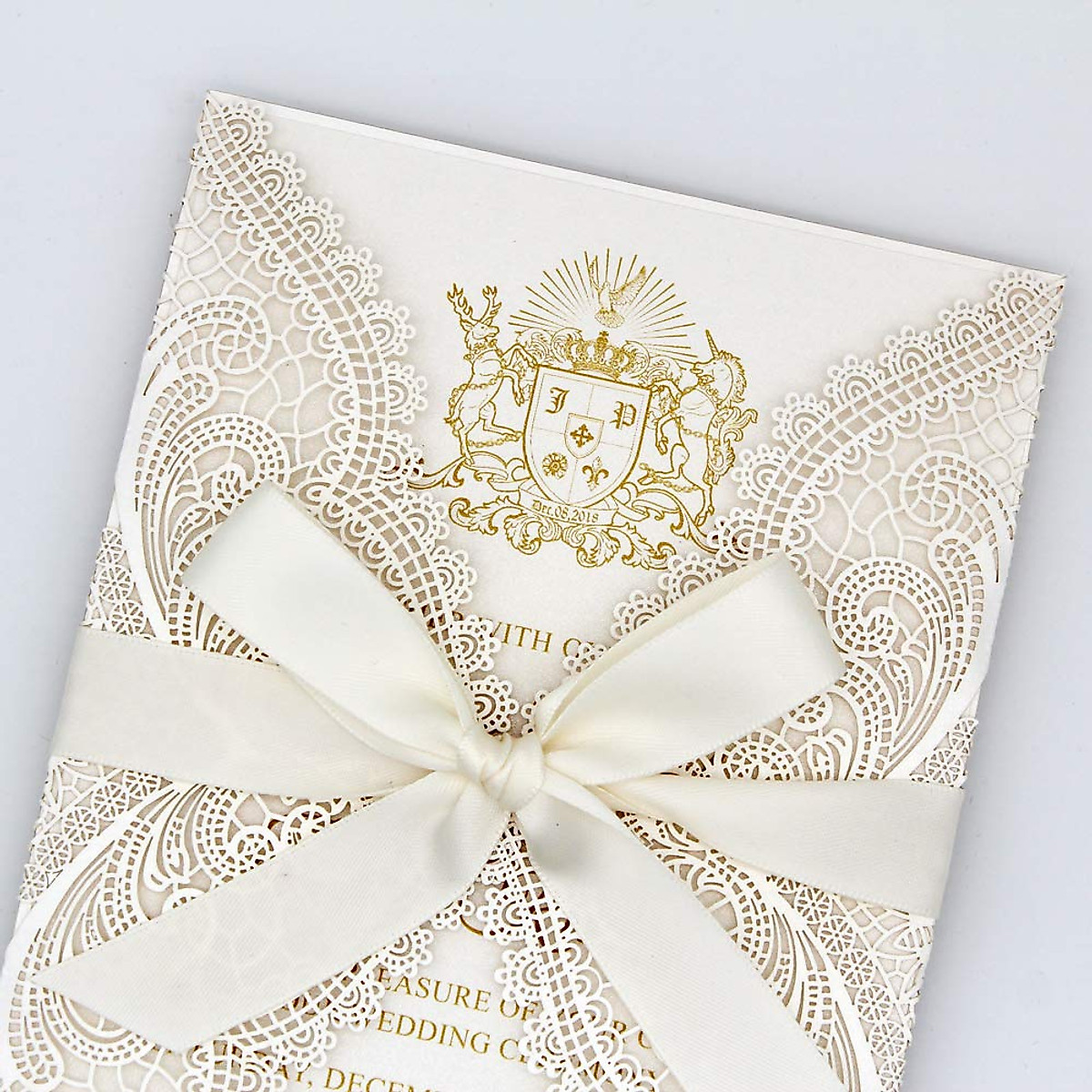 Picky Bride 25-Pack Ivory Laser Cut Lace Wedding Invitations Wraps with Shimmer Insert and Ribbon Bow, Elegant Invite Cards for Wedding/Bridal Shower/Birthday Party, 125 x 185mm (25 Invitations)
