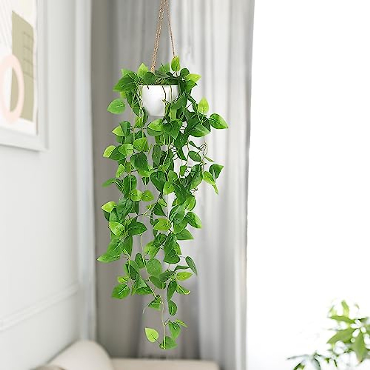 FIAHOSEY Faux Plants Indoor - 2Pcs Fake Hanging Potted Pothos Plant for Home Decor Artificial Greenery for Bedroom Living Room Office Garden Wall Shelf Decor