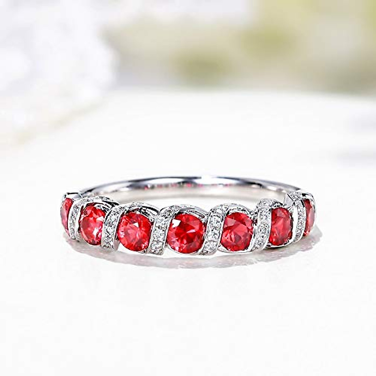 KnBoB Women Twisted Vine Round Shape 0.9ct Ruby Ring 18K White Gold Promise Wedding Engagement Bridal Anniversary Ring Size 10.5