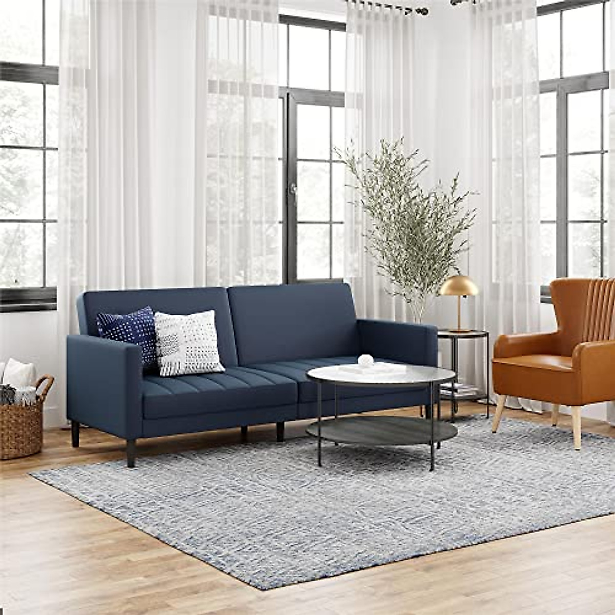 DHP Farnsworth 79 Inch Futon Sofa Bed, Upholstered Couch Sleeper with Tufted Seat, Mid-Century Modern, Navy