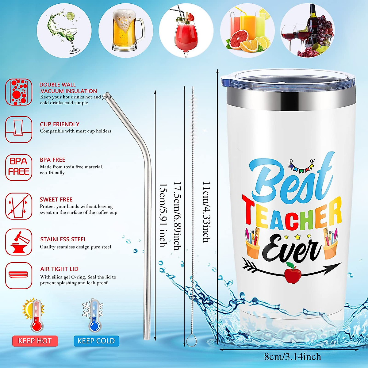 Rtteri 4 Pieces Teacher Appreciation Gifts Teacher Tumbler Bulk 20 oz Teacher Stainless Steel Tumbler Cup with Lids and Straws Brushes Thank You Tumbler Mug for Graduation Teacher Birthday Gifts