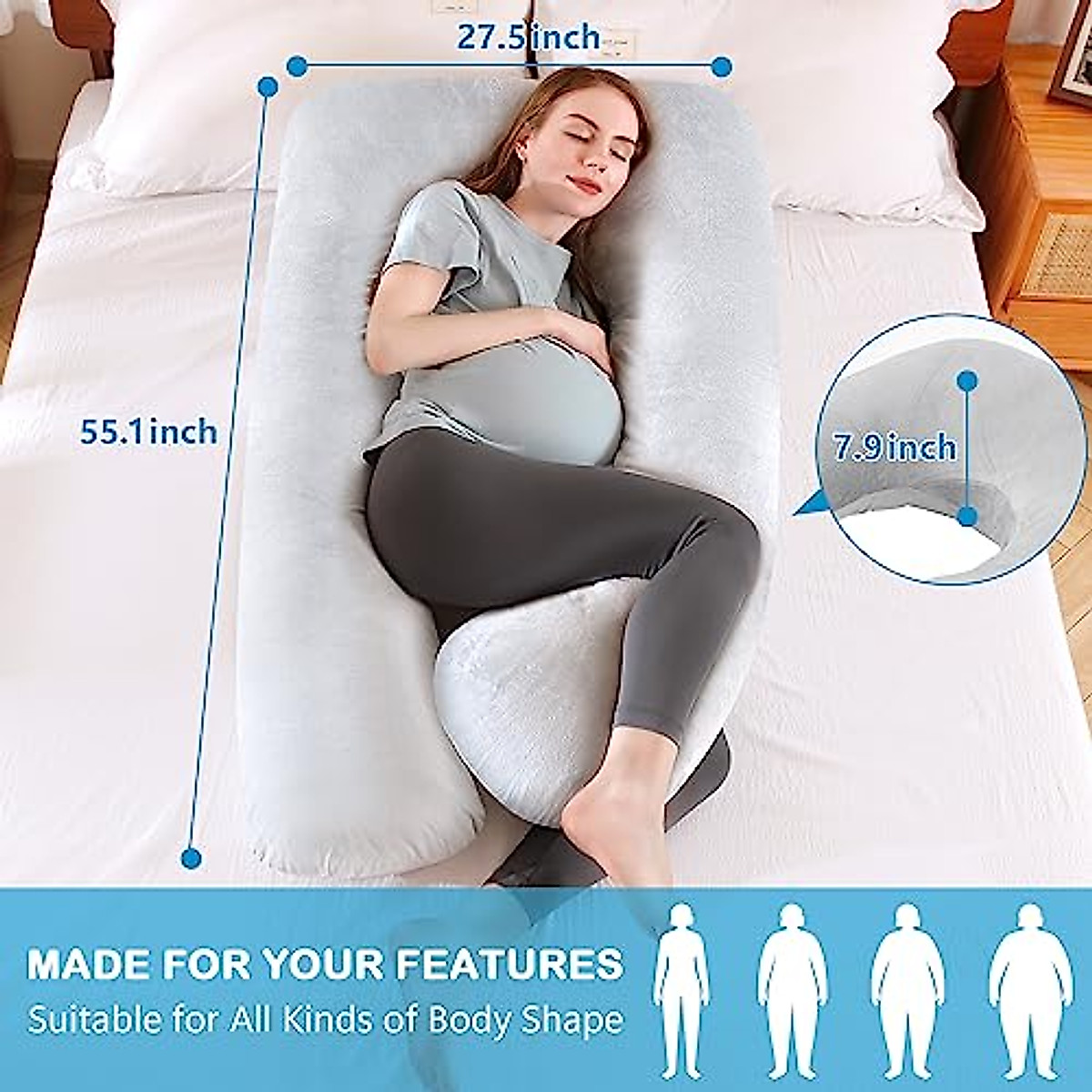 Pregnancy Pillows, U Shaped Full Body Pillow with Washable Velvet Cover, 55 Inch Maternity Pregnancy Pillows for Sleeping, Support for Back, HIPS, Legs, Belly for Pregnant Women (Light Gray)