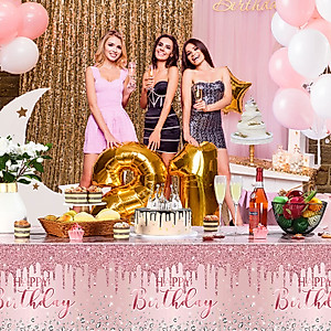 3 Pcs Pink and Rose Gold Tablecloths Glitter Diamond Table Cover PE Girl Party Glitter Table Cloths Sequin Printed Plastic Tablecloths for Girl Women Birthday Wedding Party, 54 x 108 (Happy Birthday)