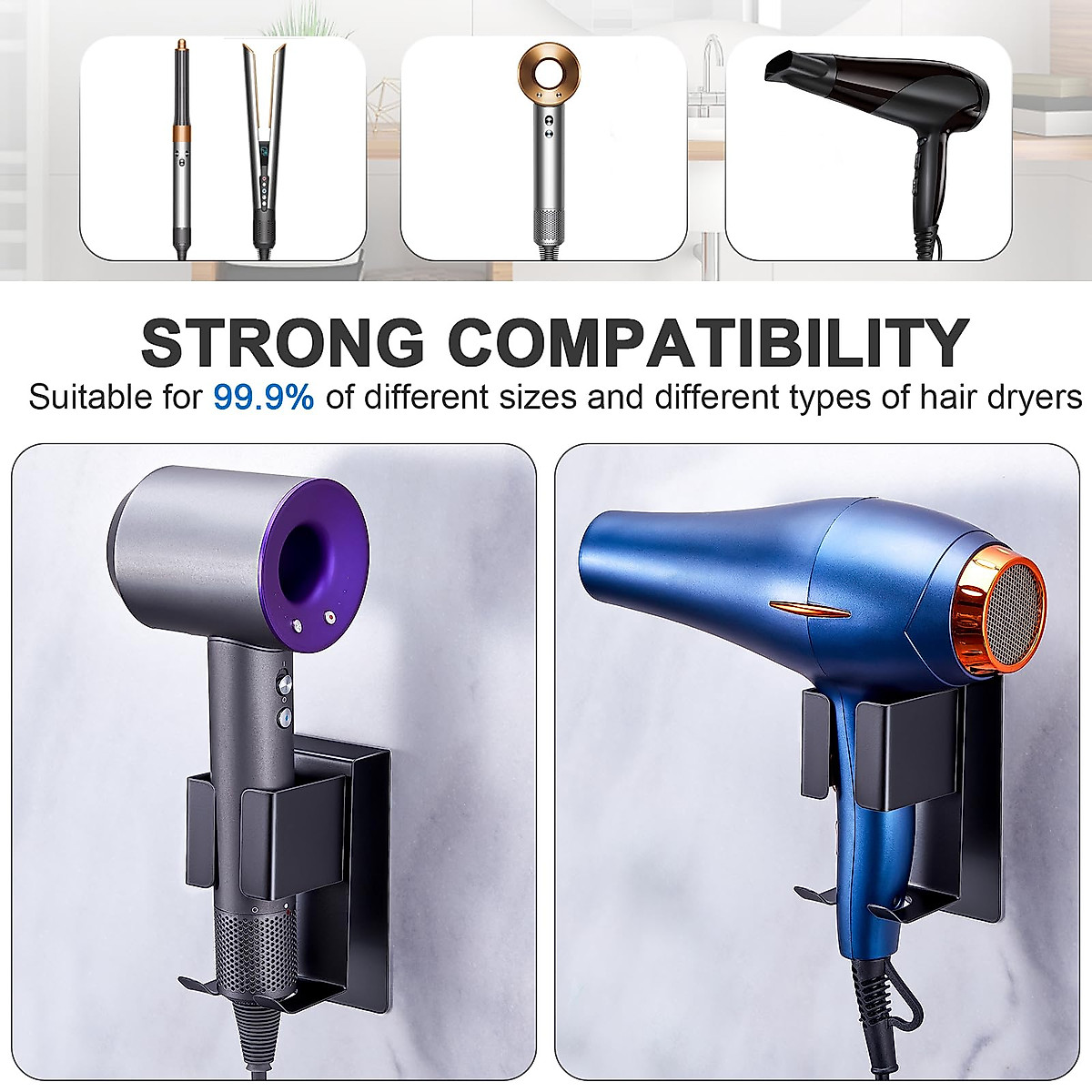 WAYASI Hair Straightener Holder Wall Mounted Blow Dryer Holder, Stainless Steel Blow Dryer and Curling Iron Holder, Black Hair Dryer and Straightener Holder, Bathroom Hair Tools Organizer and Storage