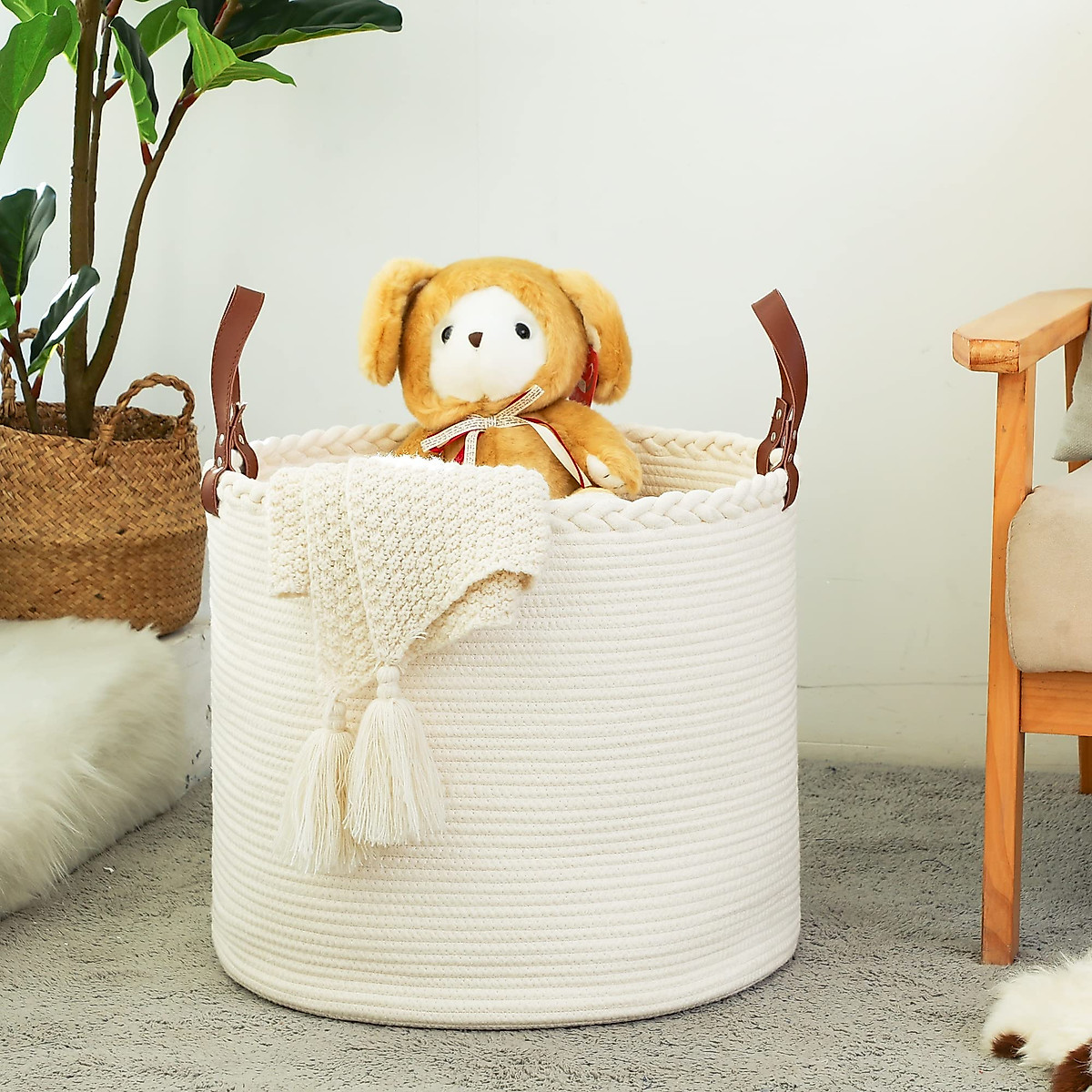 KAKAMAY Large Cotton Rope Blanket Basket (18"x16"),Woven Baby Laundry Hamper，Blanket Basket for Nursery, Laundry, Living Room, Pillows, Toys with Leather Handles （White）