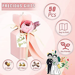 TaoBary 50 Pcs Bridal Shower Party Favor Boxes DIY Wedding Favors Candy Boxes with Ribbon and Flower Flower Party Favor Boxes for Engagement, Bridal Shower Party, Wedding Decorations (Pink)