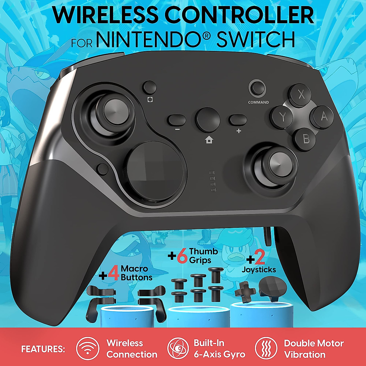 TALK WORKS Bluetooth Game Controller for Nintendo Switch with Dual Motor Vibration, Turbo Function, 6-Axis Gyro Sensor - Customizable Joystick & D-Pad - Includes Premium EVA Case - Black