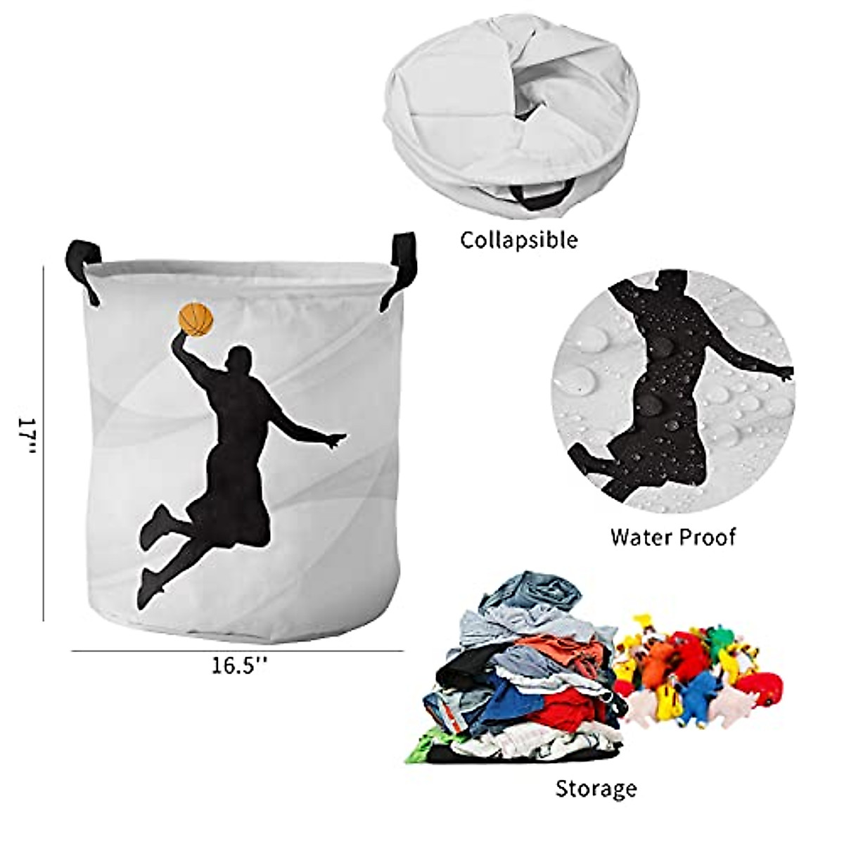 Laundry Hamper, Sport Theme Athlete Basketball Silhouettes Gray Collapsible Clothes Hamper with Handles Water Repellent Freestanding Storage Basket for Clothes Toys