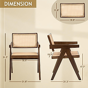 THEETHUNG Rattan Dining Chairs Set of 4, Cane Kitchen Chairs Woven Chairs Boho Solid Wood Frame Armchair Mid Century Modern Side Chairs for Dining Room Living Room Bedroom, Walnut