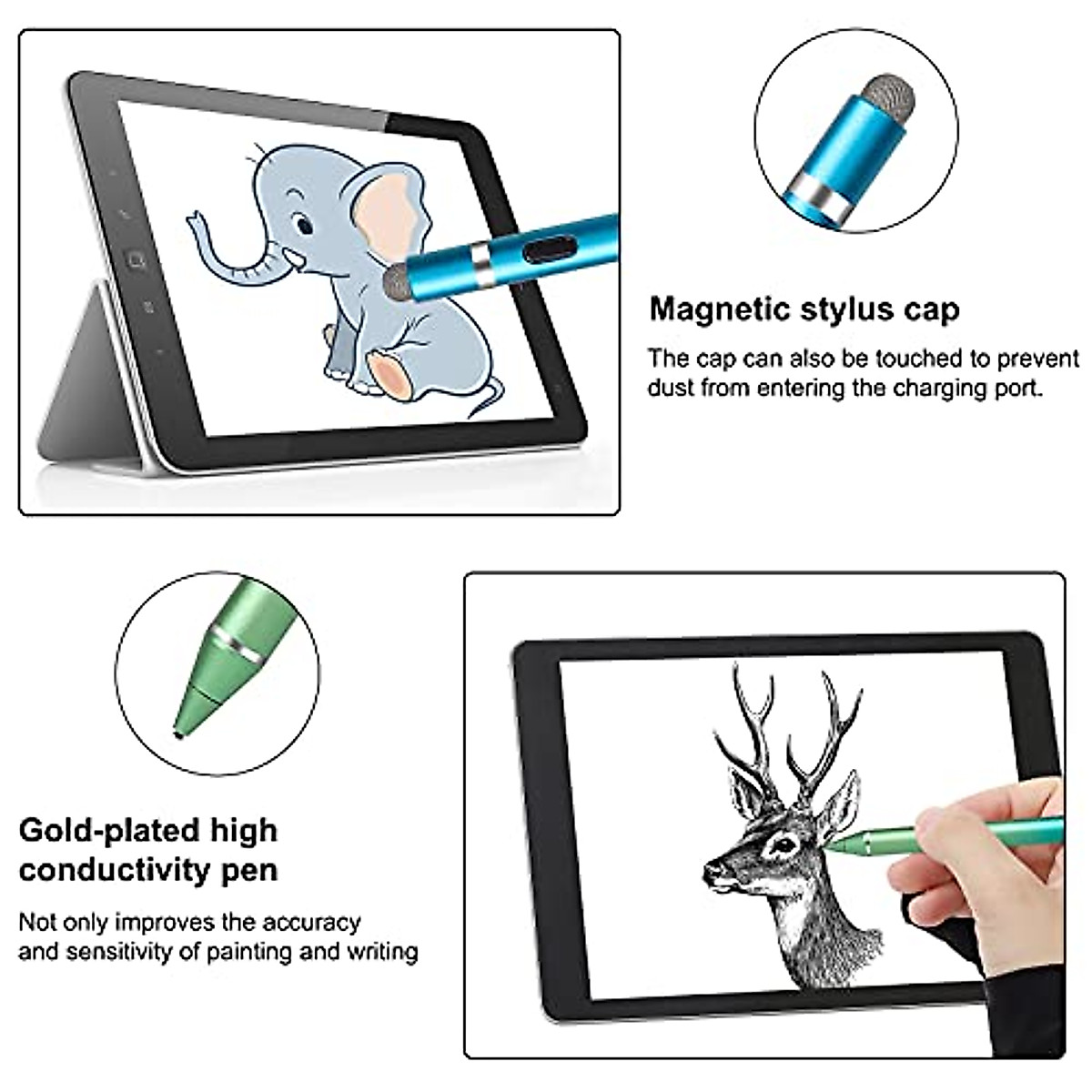 Stylus Pen for Touch Screens, Active Digital Pens Rechargeable 1.5mm Fine Tips Smart Pencil Compatible with iPad iPhone and Most Tablet with Glove by OOCLCURFUL (Blue+Light Green)