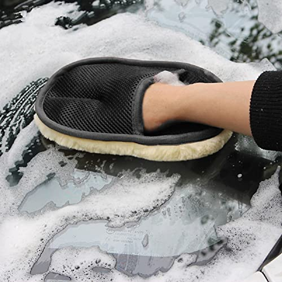 Wool Car Wash Gloves, Lint Free Scrubber High Density Car Wash Wool Glove Microfiber Wool Soft Automotive Car Washing Cleaning Glove Bear Claw Scratch Free Wash Polishing Waxing Mitt