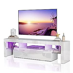 Extougend Modern White LED 63 Inch TV Stand with Storage and Entertainment Center for 50 55 60 65 70 75 Inch TVs, High Gloss Wooden TV Cabinet with Glass Storage Rack for Living Room and Bedroom