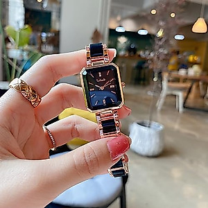 devaco Stainless Steel Rose Gold Diamond Quartz Wristwatch, Fashionable Square Waterproof Date Ladies' Watch (Black-glod)