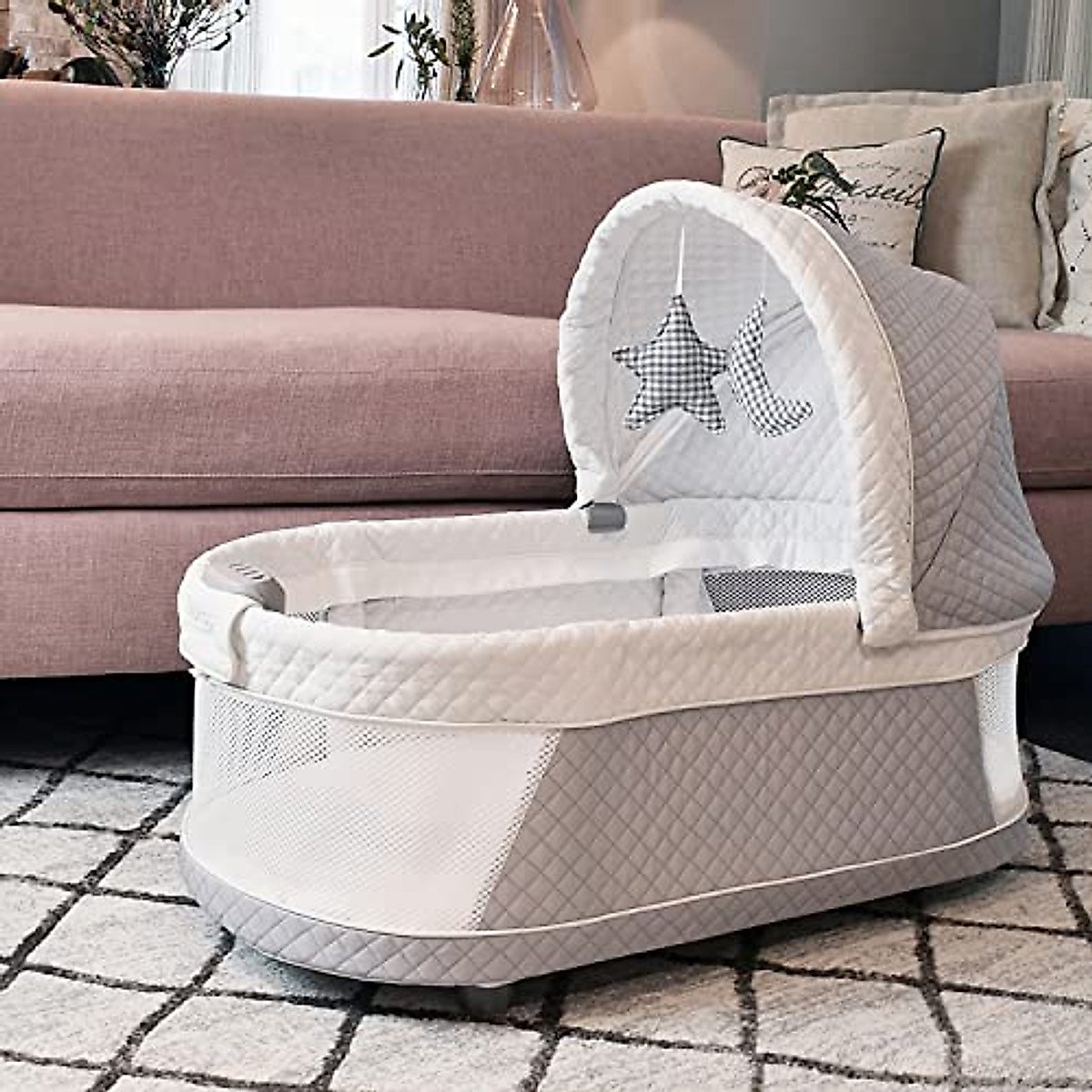TruBliss Baby 2-in-1 Journey Convertible Infant Bassinet Crib Sleeper with Nightlight, Vibrations, Lullabies, and Nature Noises, Soft Grey