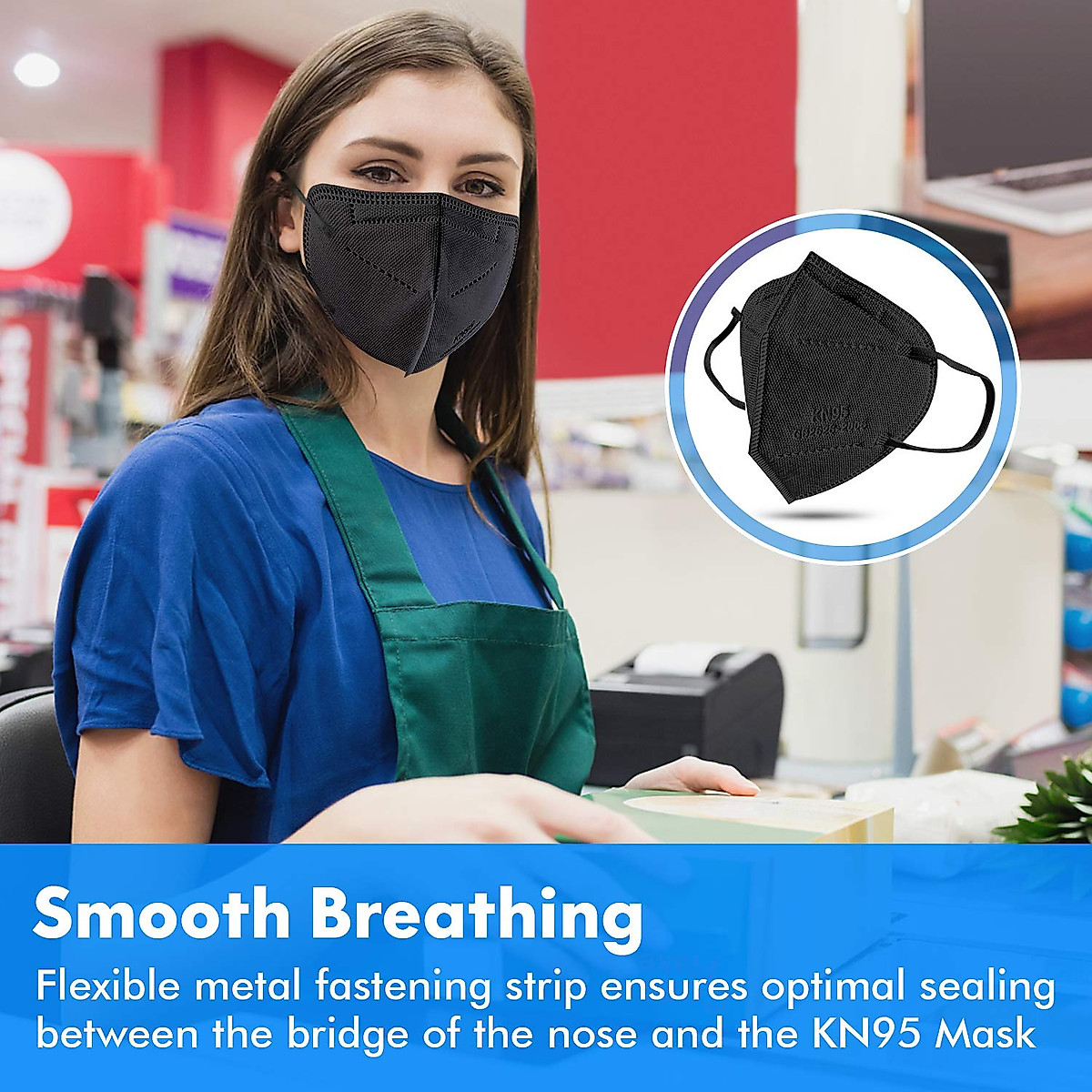 Enlove KN95 Face Masks Black 50 Pack, 5-Layer Filter Face Mask