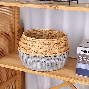 YAHUAN Round Woven Water Hyacinth Storage Basket - Cotton Rope Wicker Decorative Basket for Organizing Blankets - Living Room Bathroom (Grey)