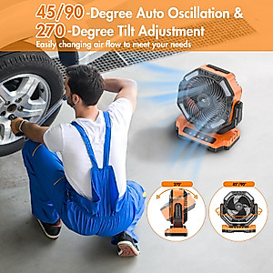 40000mAh Rechargeable Fan, Battery Operated Oscillating Outdoor Fan, Battery Powered Table Fan for Home Hurricane Jobsite Garage, Portable Tent Fan with Remote Light Hook for Camping Trip RV