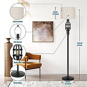 Farmhouse Floor Lamp with Night Light, Black Standing Lamp for Living Room, Vintage 2-Light Tall Lamp with Fabric Drum Shade, Industrial Pole Light with E26 Edison Base for Bedroom Home Decor