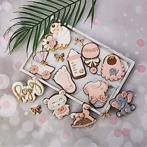 Baby Shower Cookie Cutter 6 Pack 3D Stampers Molds DIY Fondant Decorating for Kids' Birthday Party Kitchen Tools, Making Rocking Horse Baby Face Letter Teddy Bear Elephant Foot