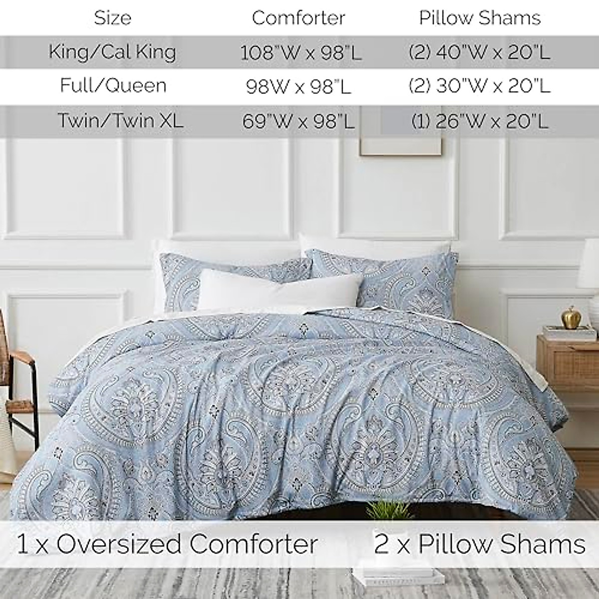 Southshore Fine Living, Inc. Oversized King Comforter Bedding Set, Down Alternative Boho Bedspread, Paisley Print Comforter, King/California King with 2 Matching Shams, Pure Melody Aqua