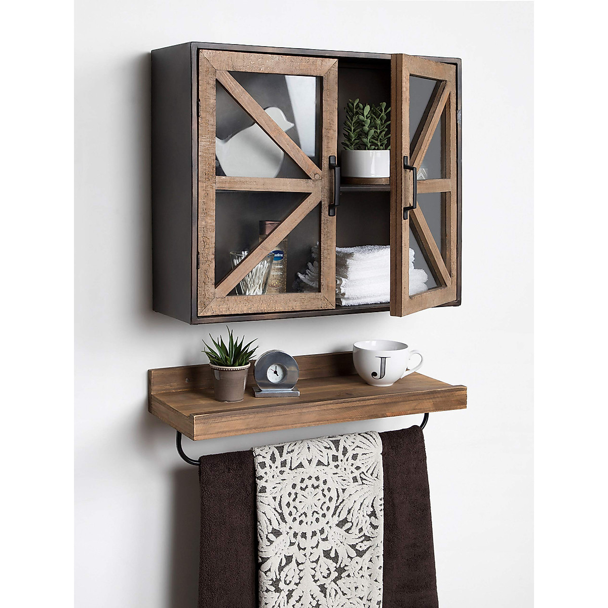 Kate and Laurel Mace Decorative Farmhouse Rustic Wood and Metal Wall Mounted Double Door Storage Cabinet, 24 x 8 x 20, Rustic Brown and Black, Wooden Floating Wall Cabinet for Versatile Home Storage