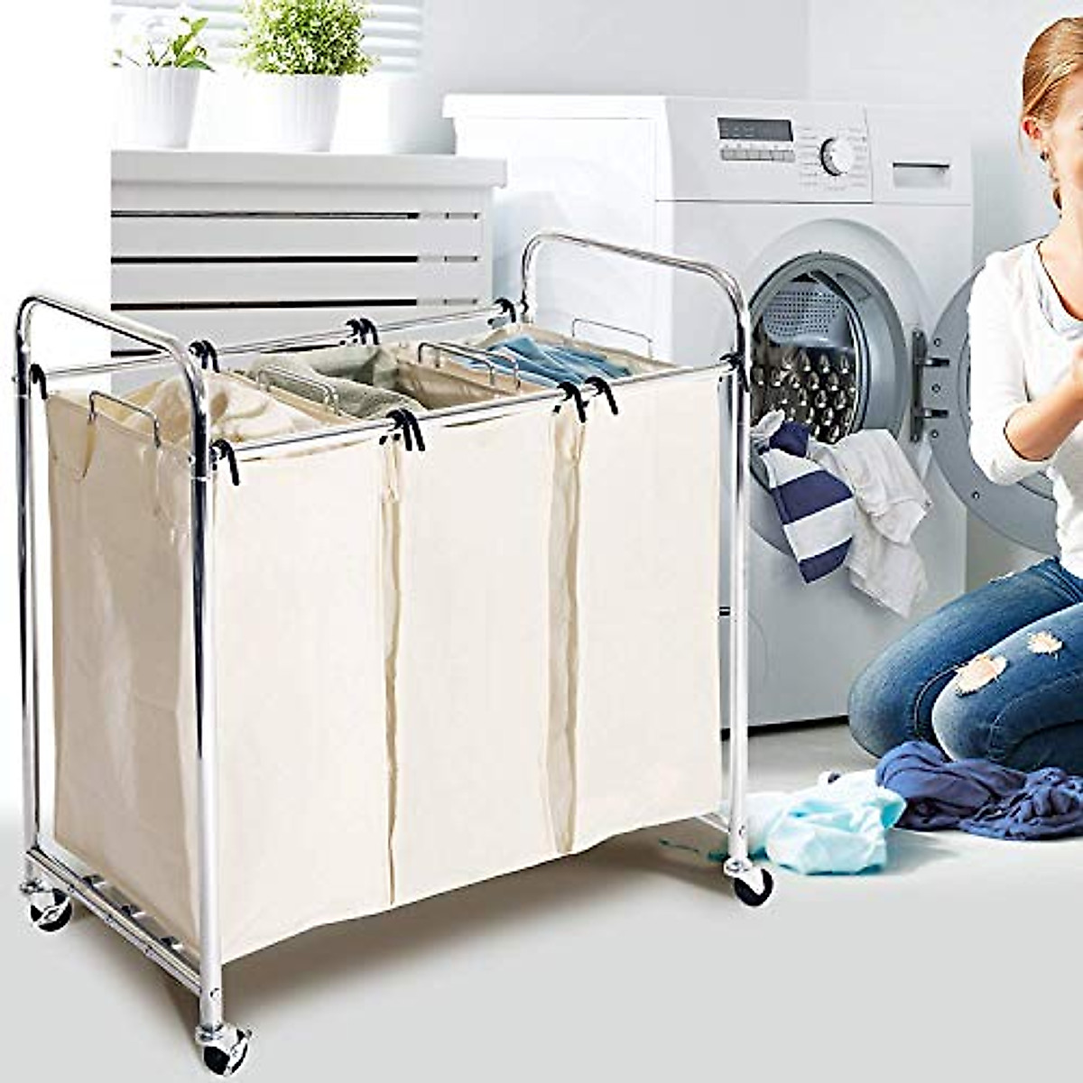 Seville Classics Laundry Hamper Sorter Cart Mobile Premium 3-Bag Heavy-Duty, Chrome