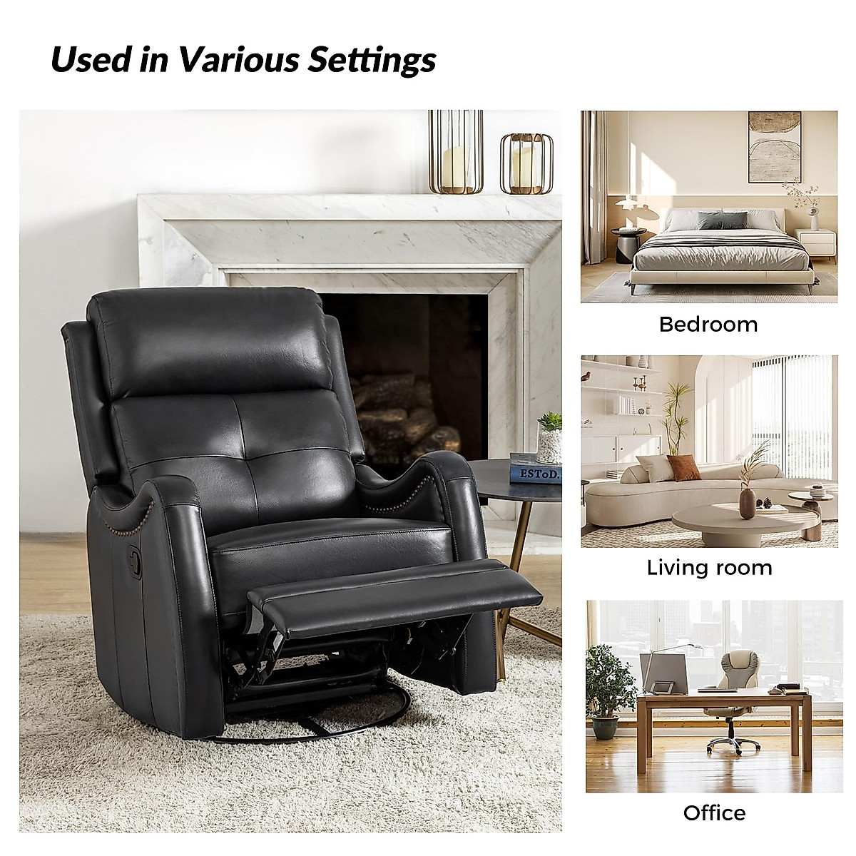 HULALA HOME Genuine Leather Swivel Rocker Recliner with Adjustable Backrest & Footrest, Manual Glider Reclining Chair for Living Room Bedroom, Home Theater Sofa Chair with 360° Swivel Base (Black)