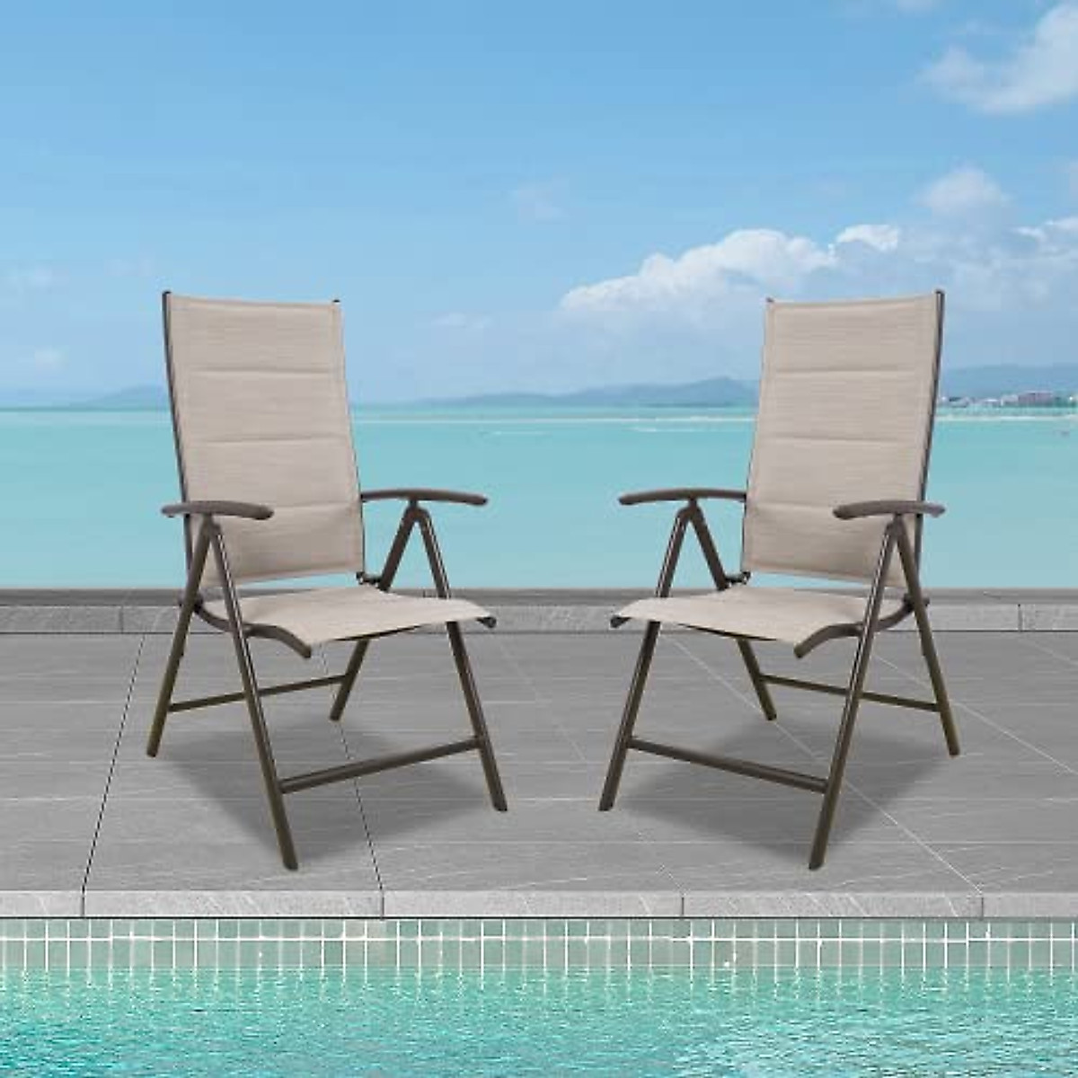 Kozyard Coolmen Outdoor Patio Dining Furniture 2-Pack Breathable textilene Padded Foldable Chair (Beige)