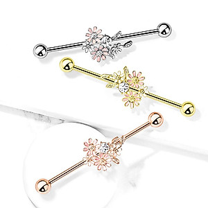 Pierced Owl 14GA Stainless Steel CZ Crystal and Enamel Flower Bouquet Industrial Barbell (Rose Gold Tone)