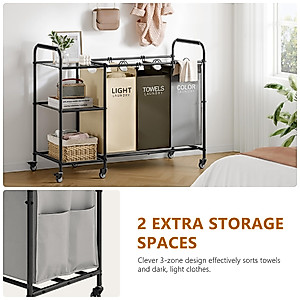 3 Bag Laundry Sorter Cart with Storage Shelf 3 Section Laundry Hamper Sorter with Lockable Rolling Wheels Laundry Separator Basket with Removable Bags for Dirty Clothes Storage