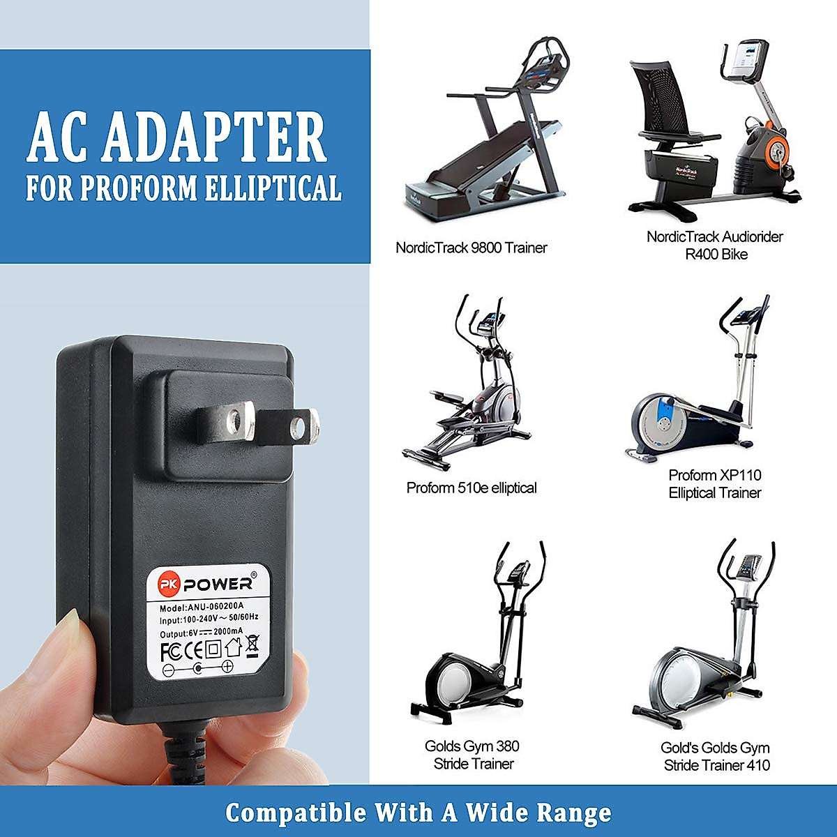 PKPOWER AC Adapter for Gold's Gym Spin 210 210U 290 290U 290C 230 230R 390 390R Stationary Bike Gym Power Spin Cycle Trainer 380 480 880 410 Elliptical GGEL63910 DC Charger