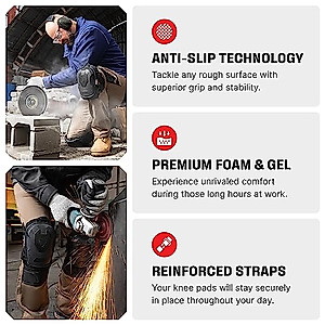 NoCry Professional Construction Knee Pads for Men and Women — Heavy Duty Anti-Slip Cap, Extra Thick Gel & Foam Cushion, Reinforced Adjustable and Elastic Straps, Military Grade Rivets