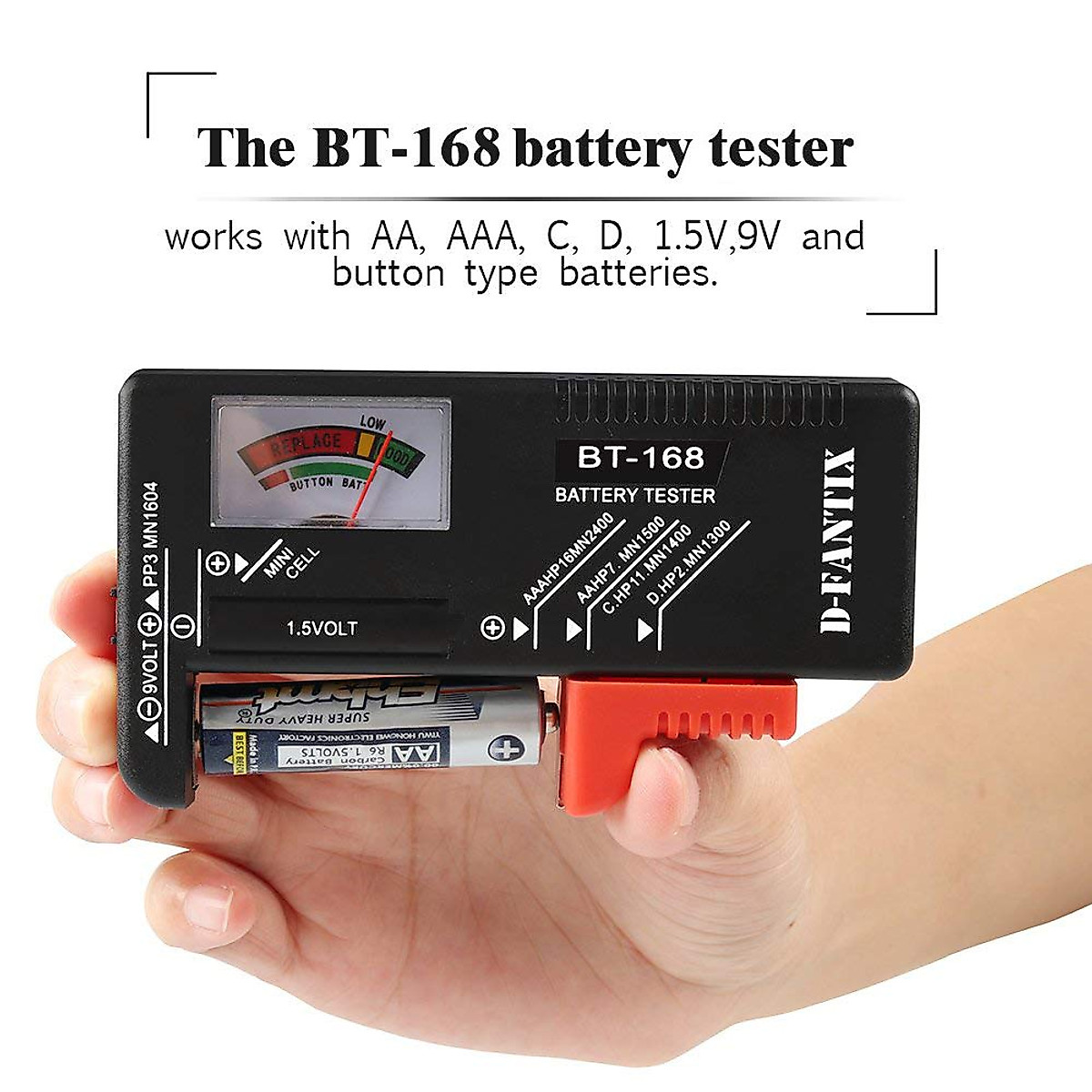 D-FantiX Battery Tester, Universal Battery Checker Small Battery Testers for AAA AA C D 9V 1.5V Button Cell Household Batteries Model BT-168