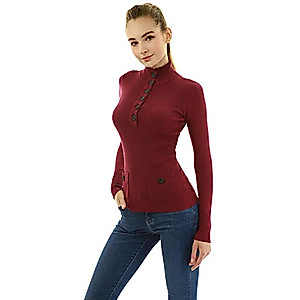 AmélieBoutik Women Button Up V Neck Ribbed Pullover Sweater with Pocket (Burgundy Small)