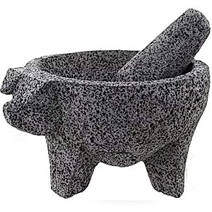 YOPIDO MX Molcajete 9 inch with Pig Design; Spice Mortar; Made with Volcanic Stone; Molcajete Handmade in México; Guacamole and Salsa Maker; Includes Pestle Stone